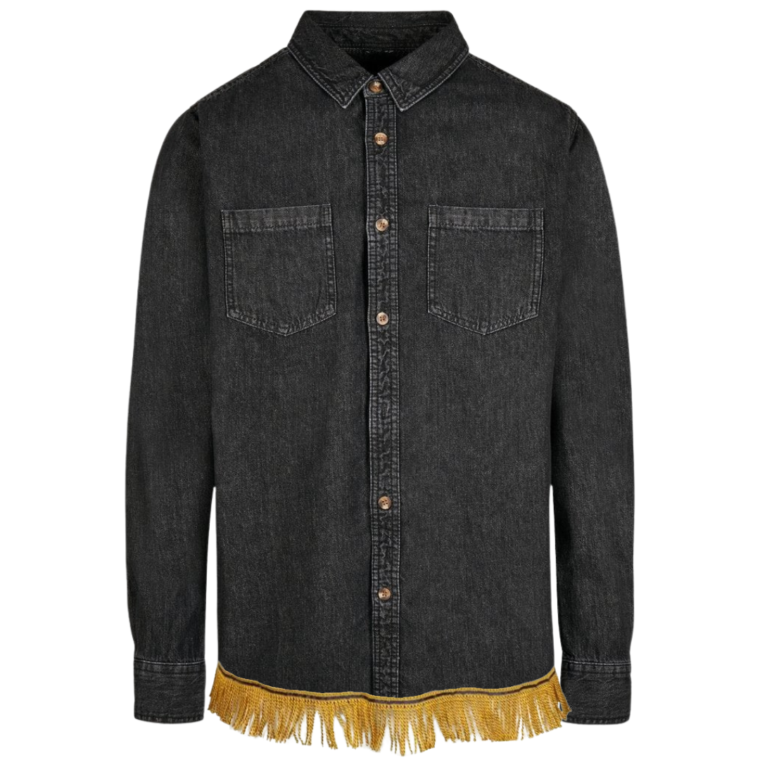 Men's Black Denim Shirt Jacket with Fringess – Hebrew Israelite Fringed ...